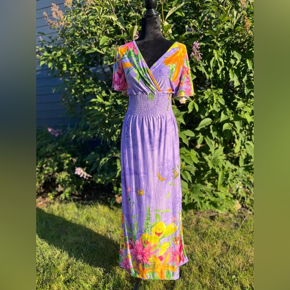 Vintage | Dresses | Retro Sun Dress Flutter Sleeves Smocked Waist ...